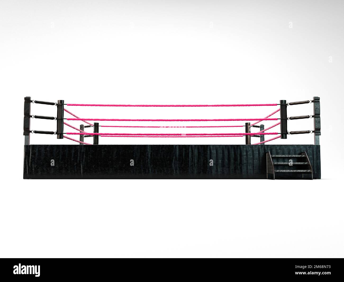 A modern oversized wrestling ring with pink ropes and a black canvas ...