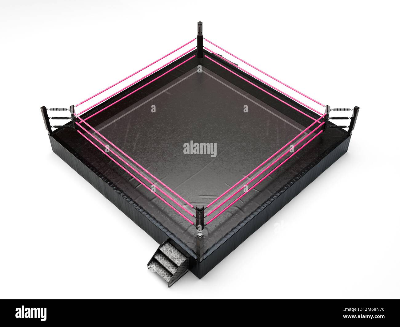 A modern oversized wrestling ring with pink ropes and a black canvas ...