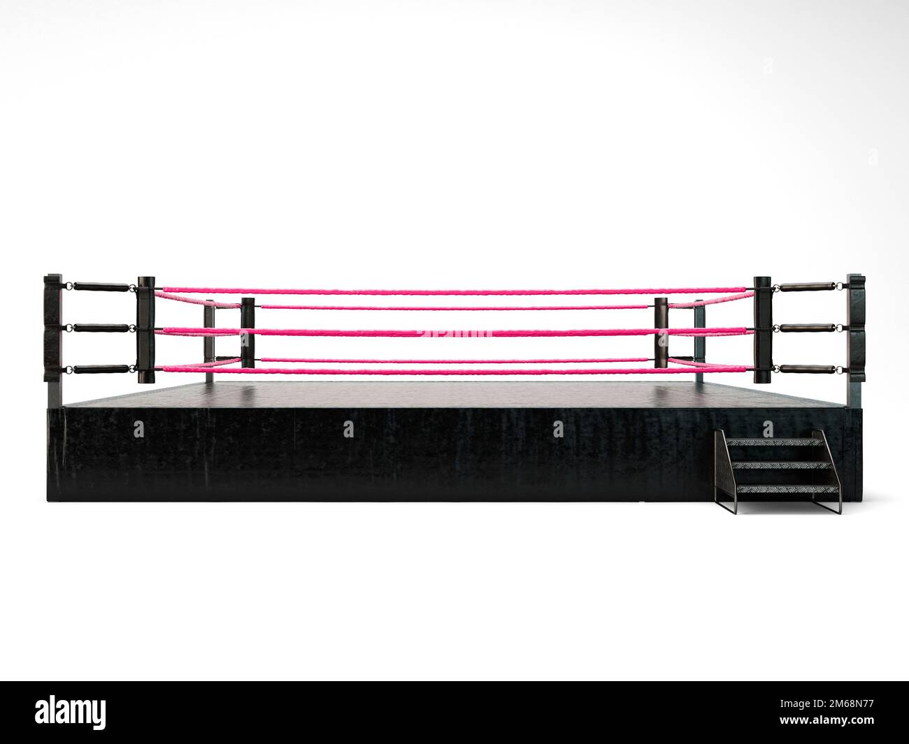 A modern oversized wrestling ring with pink ropes and a black canvas ...