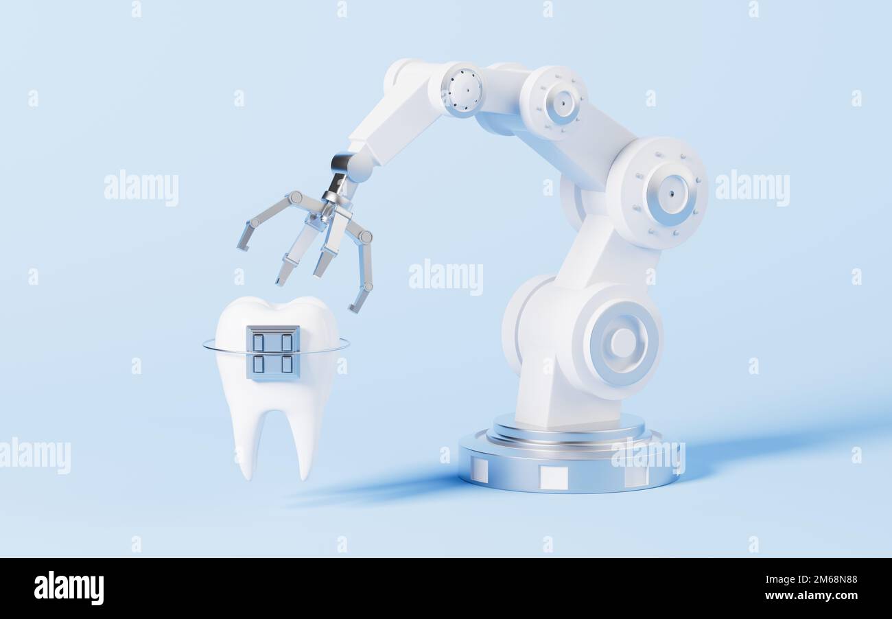 Mechanical arm and fix teeth, 3d rendering. Digital drawing Stock Photo - Alamy