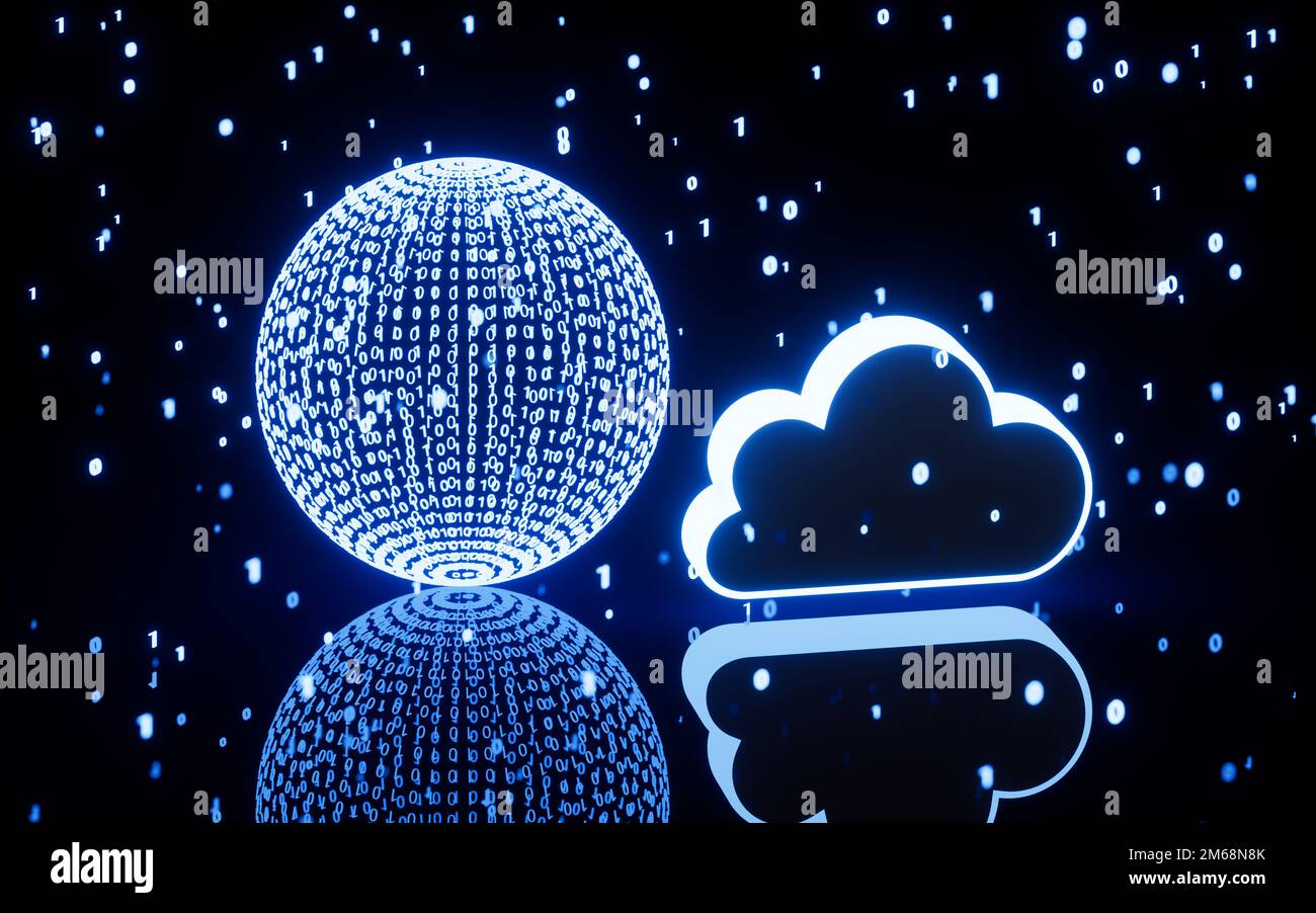 Binary code and cloud computing, Global digital communication, 3d rendering. Digital drawing ...