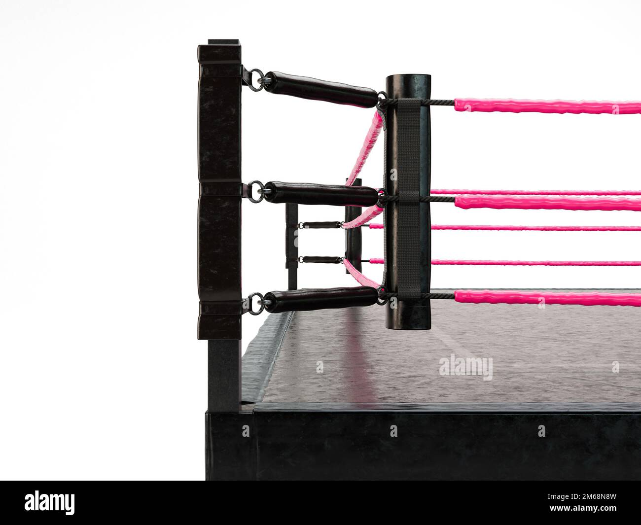 A modern oversized wrestling ring with pink ropes and a black canvas ...