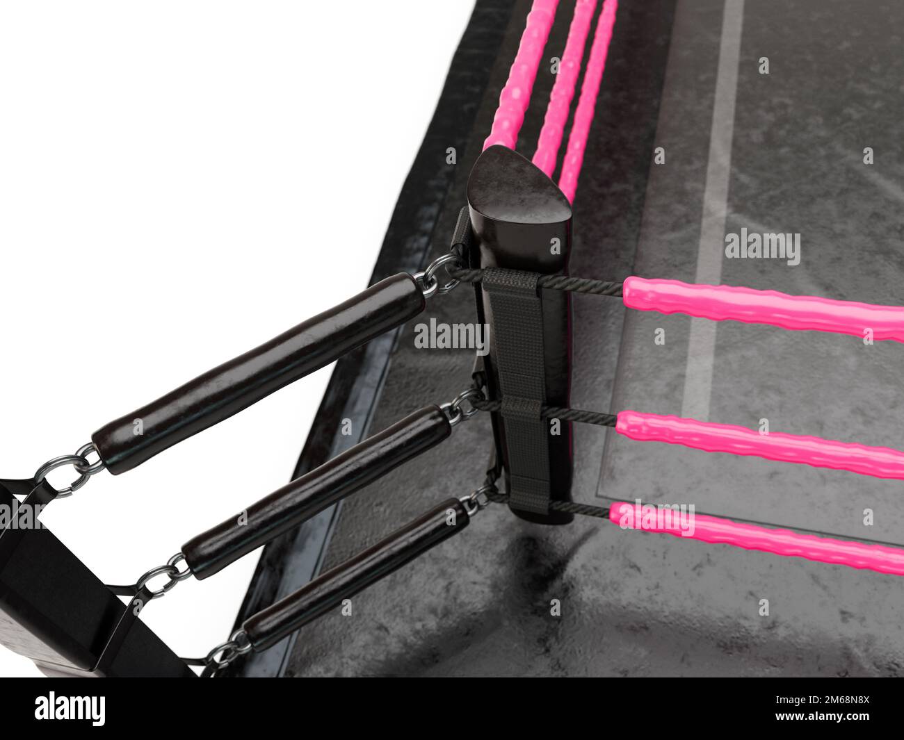 A modern oversized wrestling ring with pink ropes and a black canvas ...
