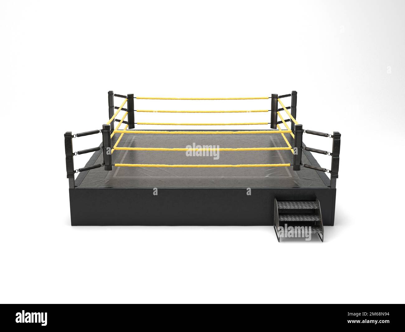 A modern regulation wrestling ring with pink ropes and a black canvas ...