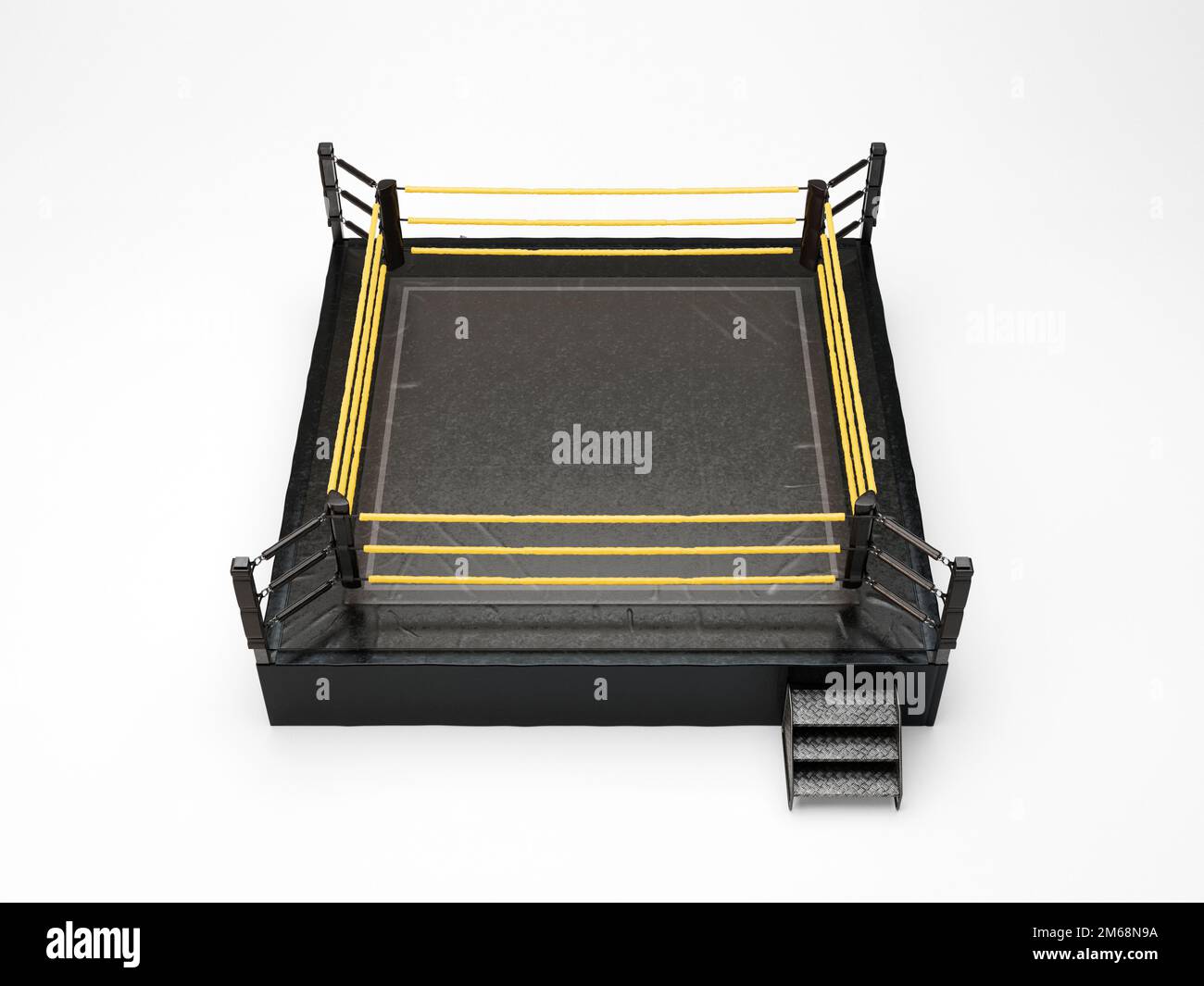 A modern regulation wrestling ring with pink ropes and a black canvas ...