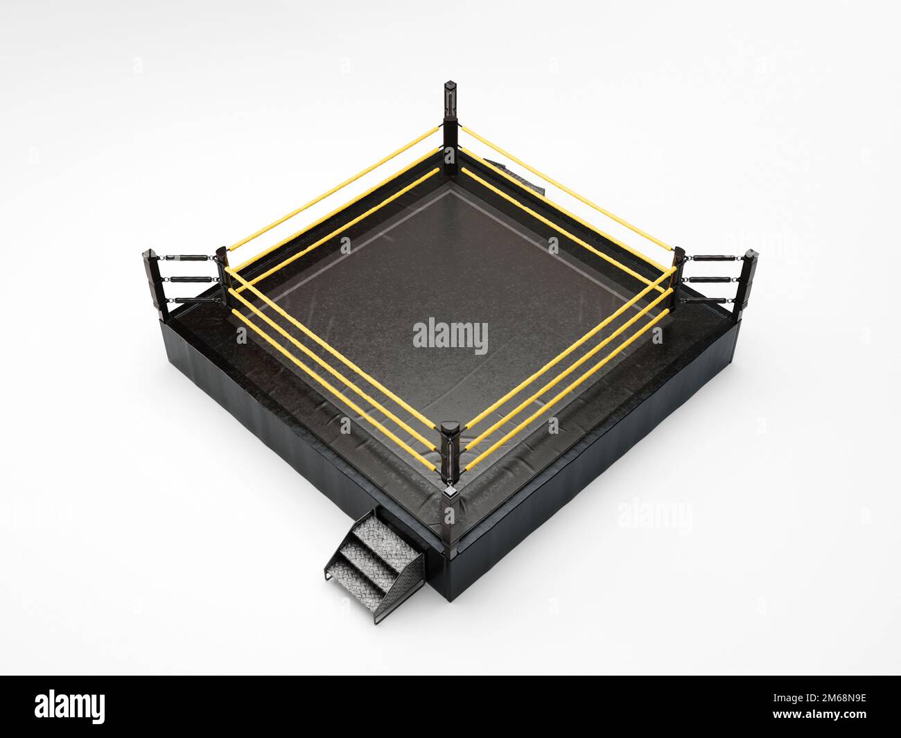A modern regulation wrestling ring with pink ropes and a black canvas ...