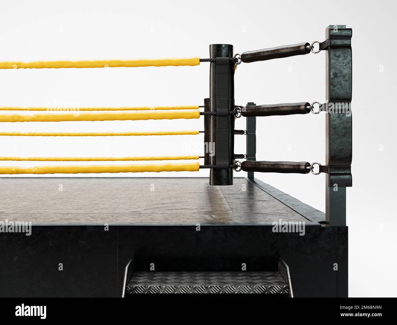 A modern regulation wrestling ring with pink ropes and a black canvas ...