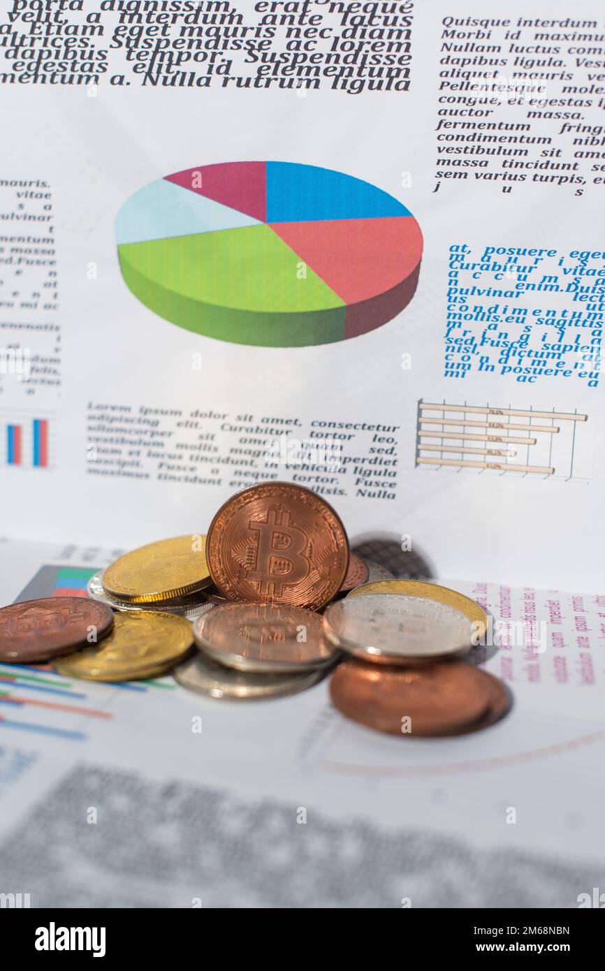 KYIV, UKRAINE - NOVEMBER 17, 2022: pile of golden and silver bitcoins ...