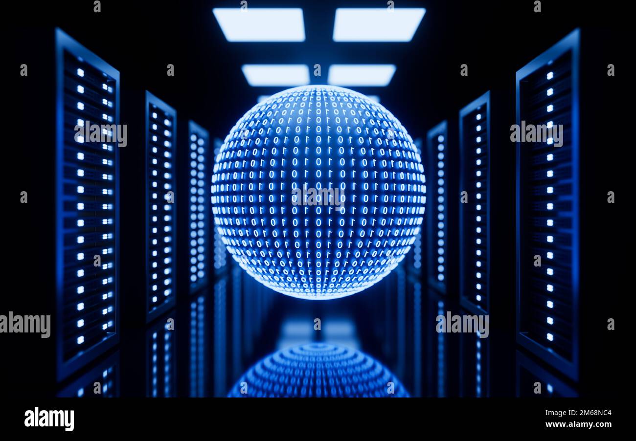 Binary code on a surface of a planet in the machine room, Global digital communication, 3d ...