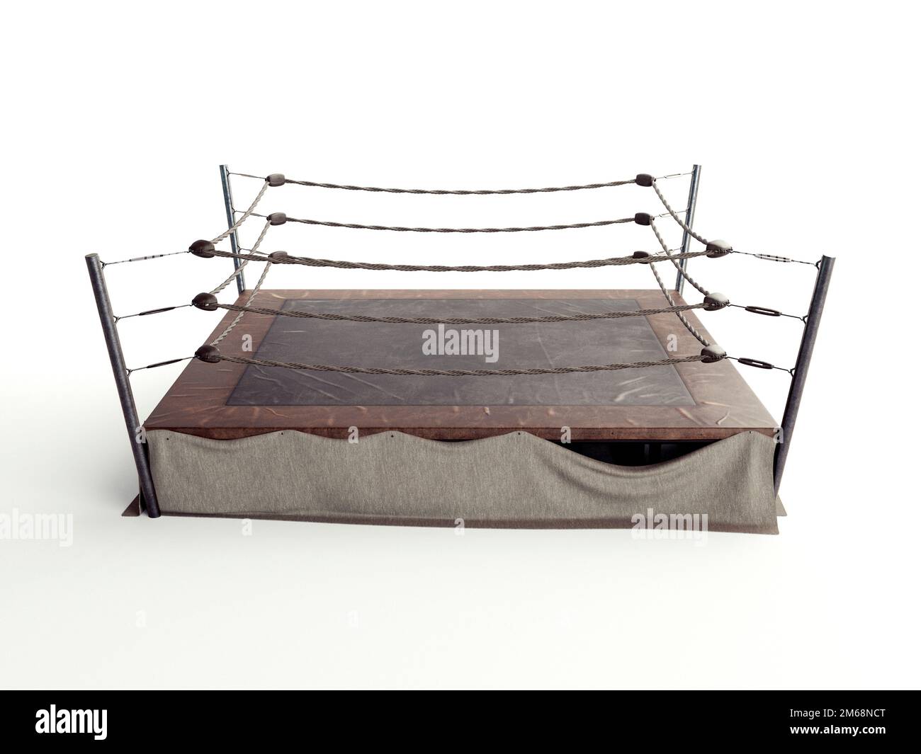 An old vintage boxing ring surrounded by ropes on an isolated white ...