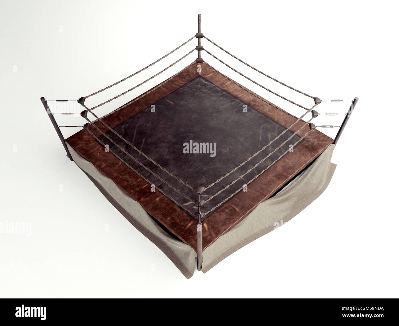 An old vintage boxing ring surrounded by ropes on an isolated white ...