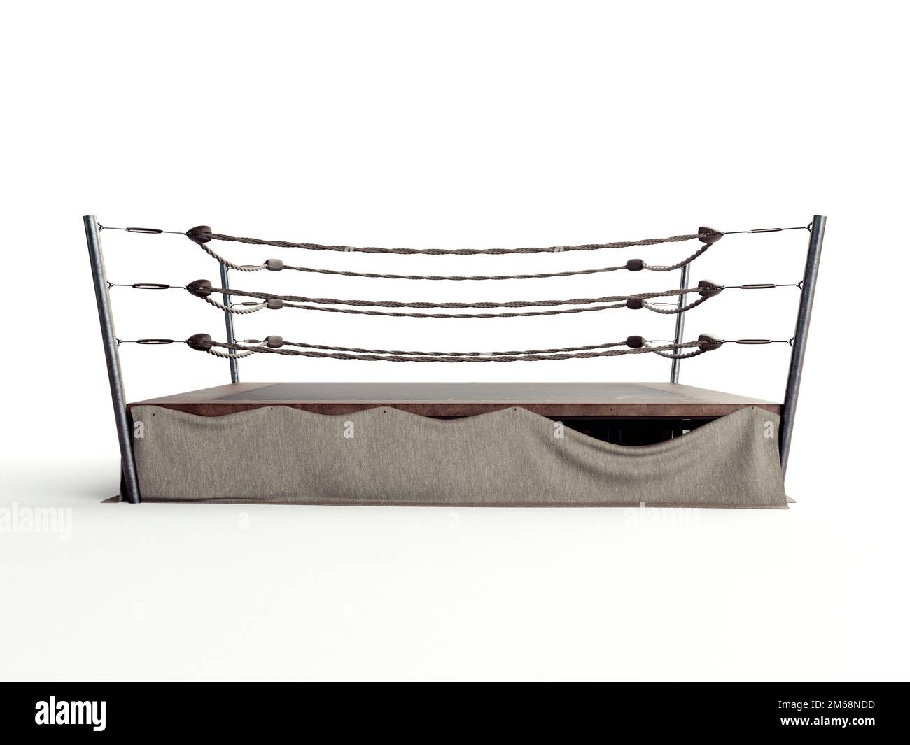 An old vintage boxing ring surrounded by ropes on an isolated white ...