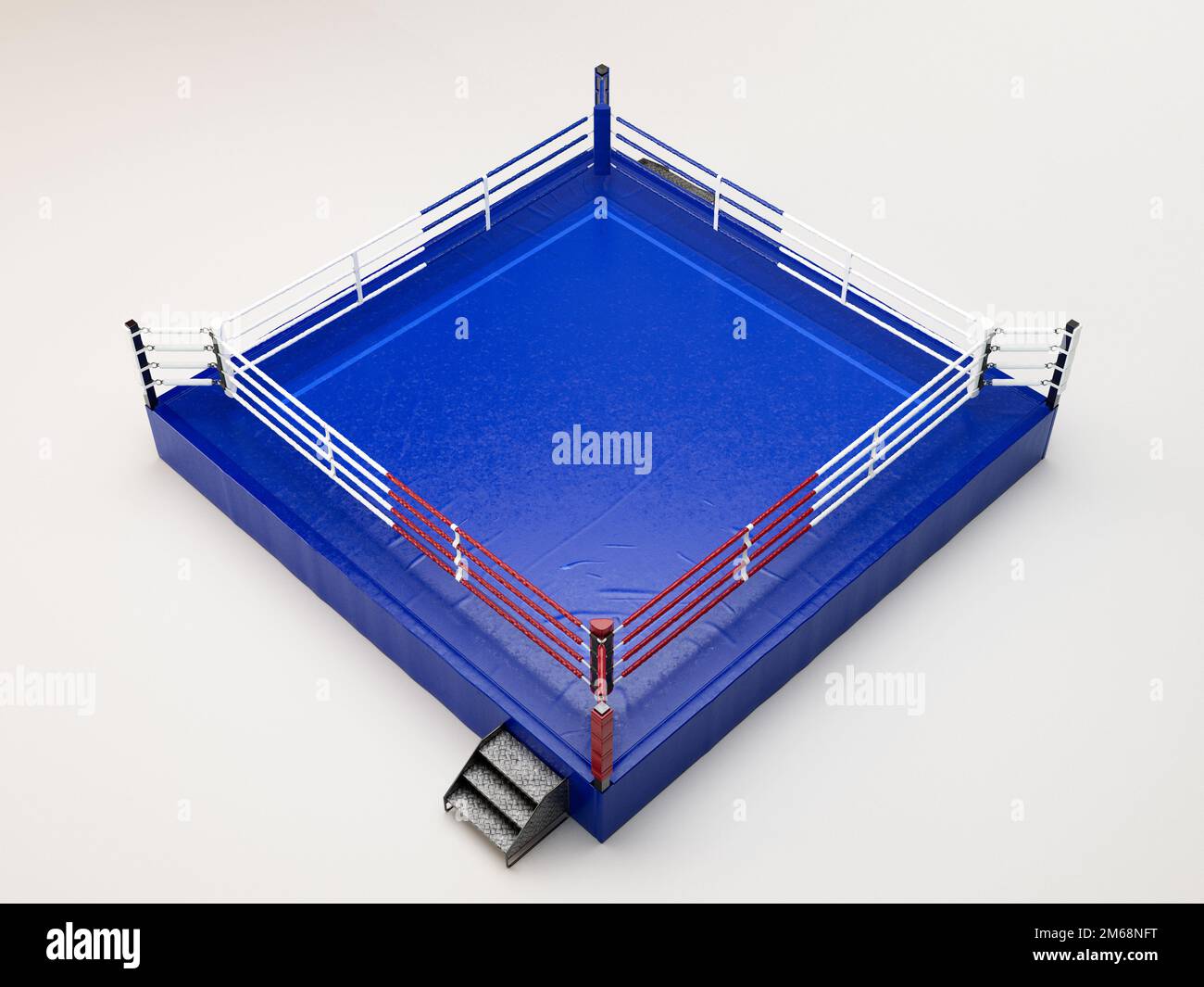 A modern oversized boxing ring with opposing blue and red corners on an ...