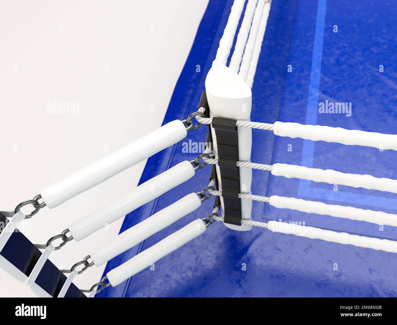 A modern oversized boxing ring with opposing blue and red corners on an ...