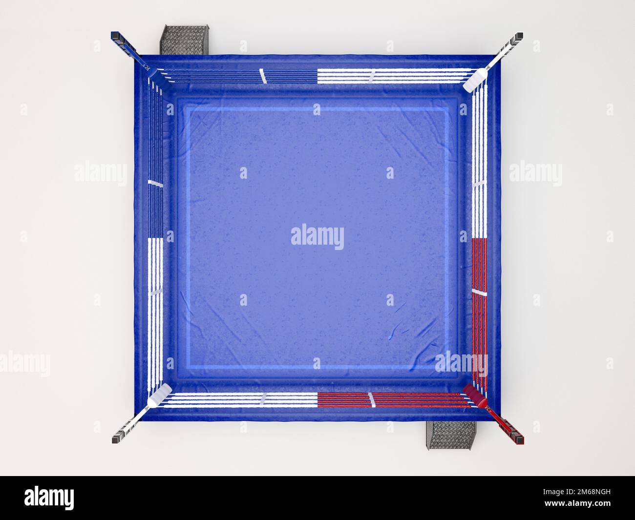 A modern oversized boxing ring with opposing blue and red corners on an ...