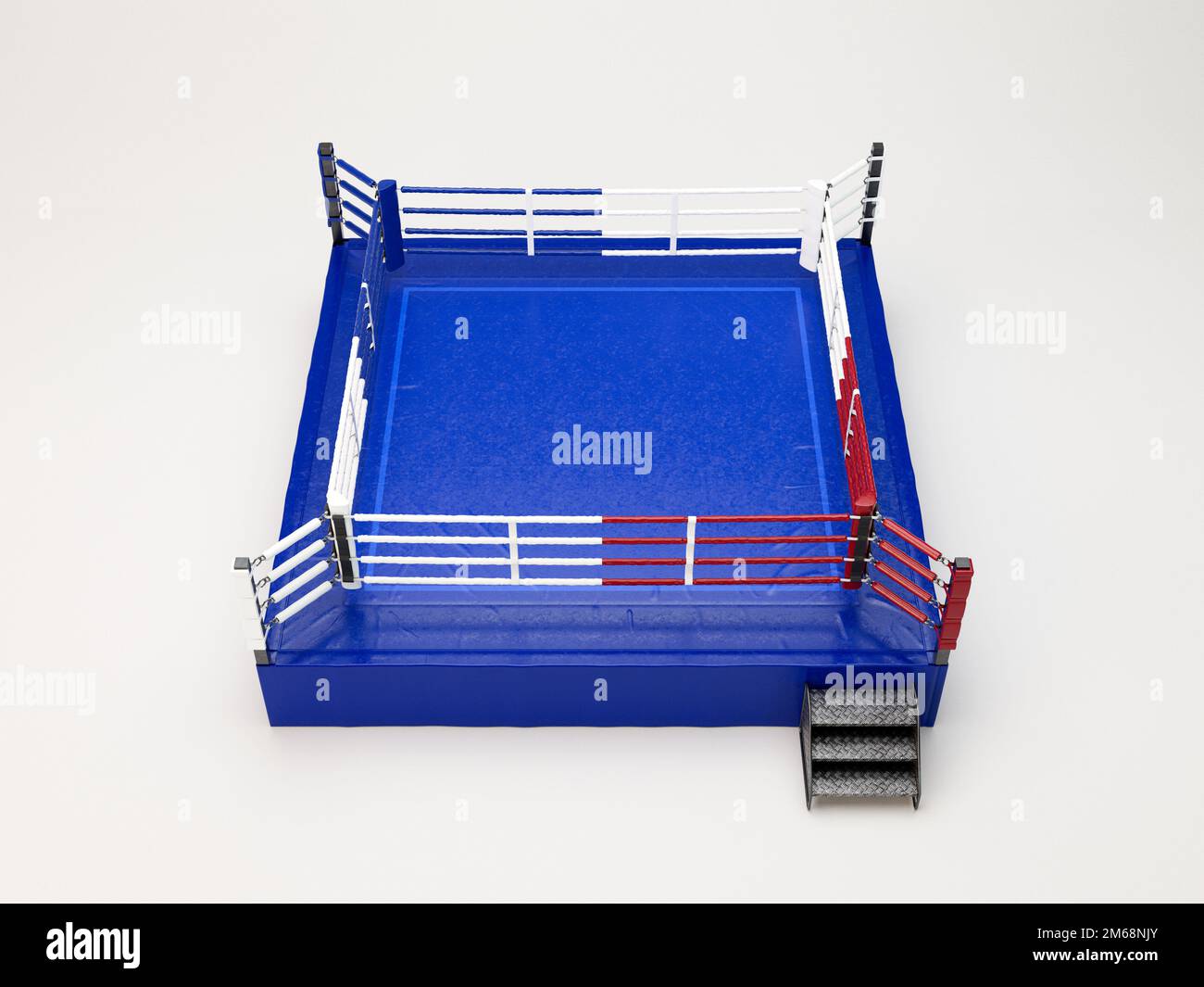 A modern regulation sized boxing ring with opposing blue and red ...