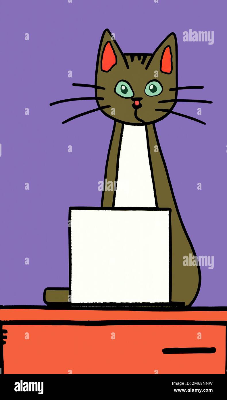 Illustration of cat with computer Stock Photo - Alamy