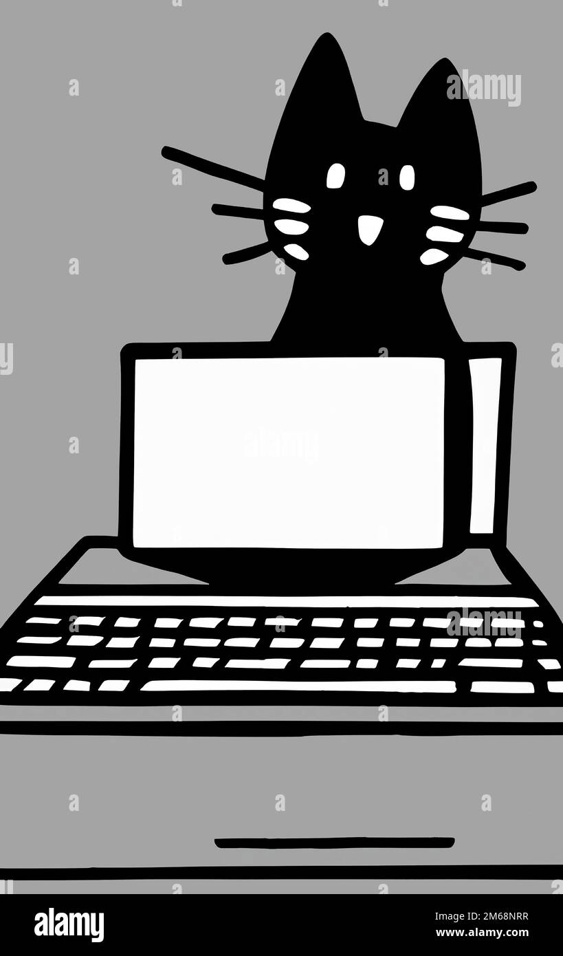Illustration of cat with computer Stock Photo - Alamy