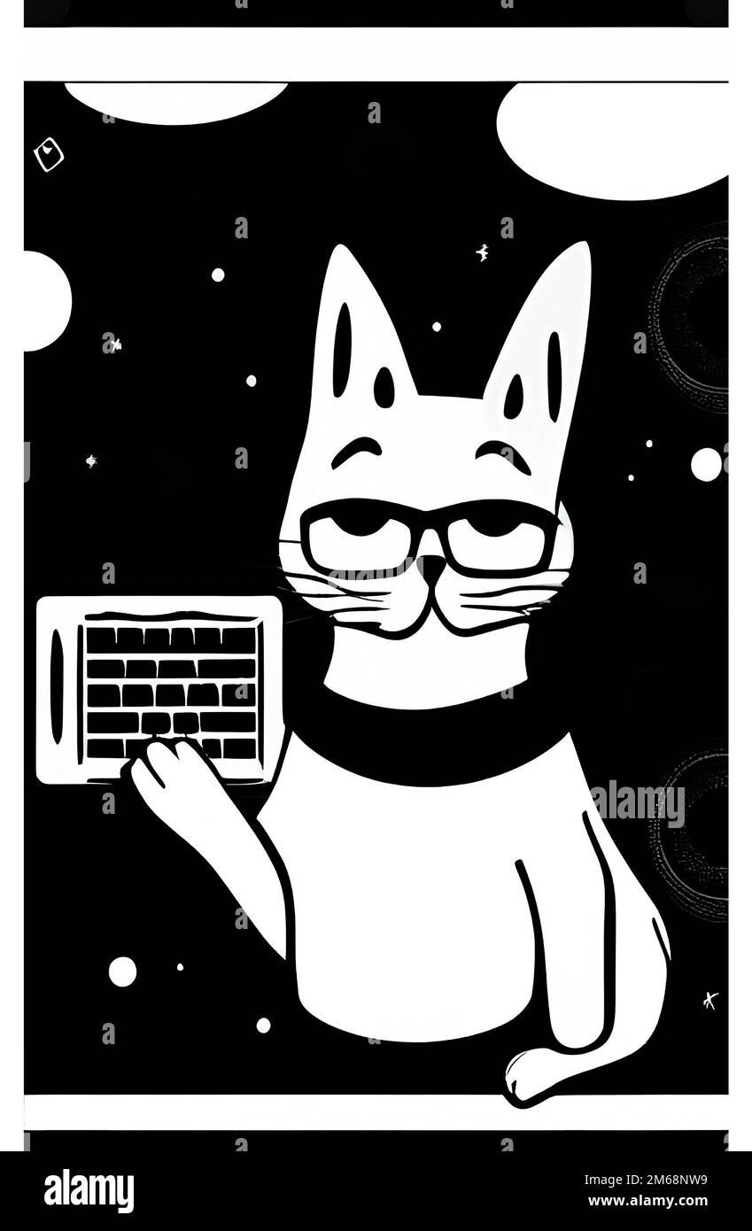 Illustration of cat with computer Stock Photo - Alamy