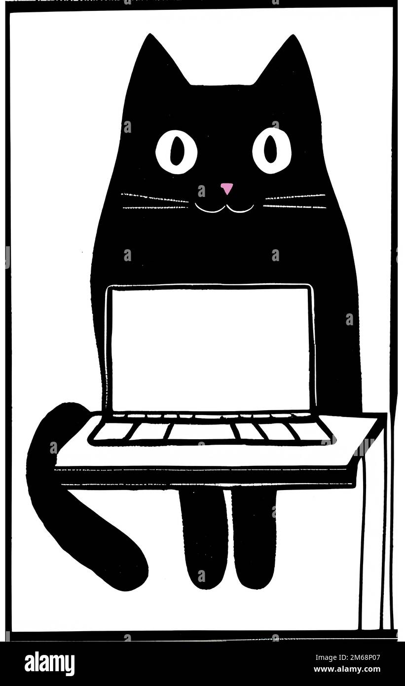 Illustration of cat with computer Stock Photo - Alamy