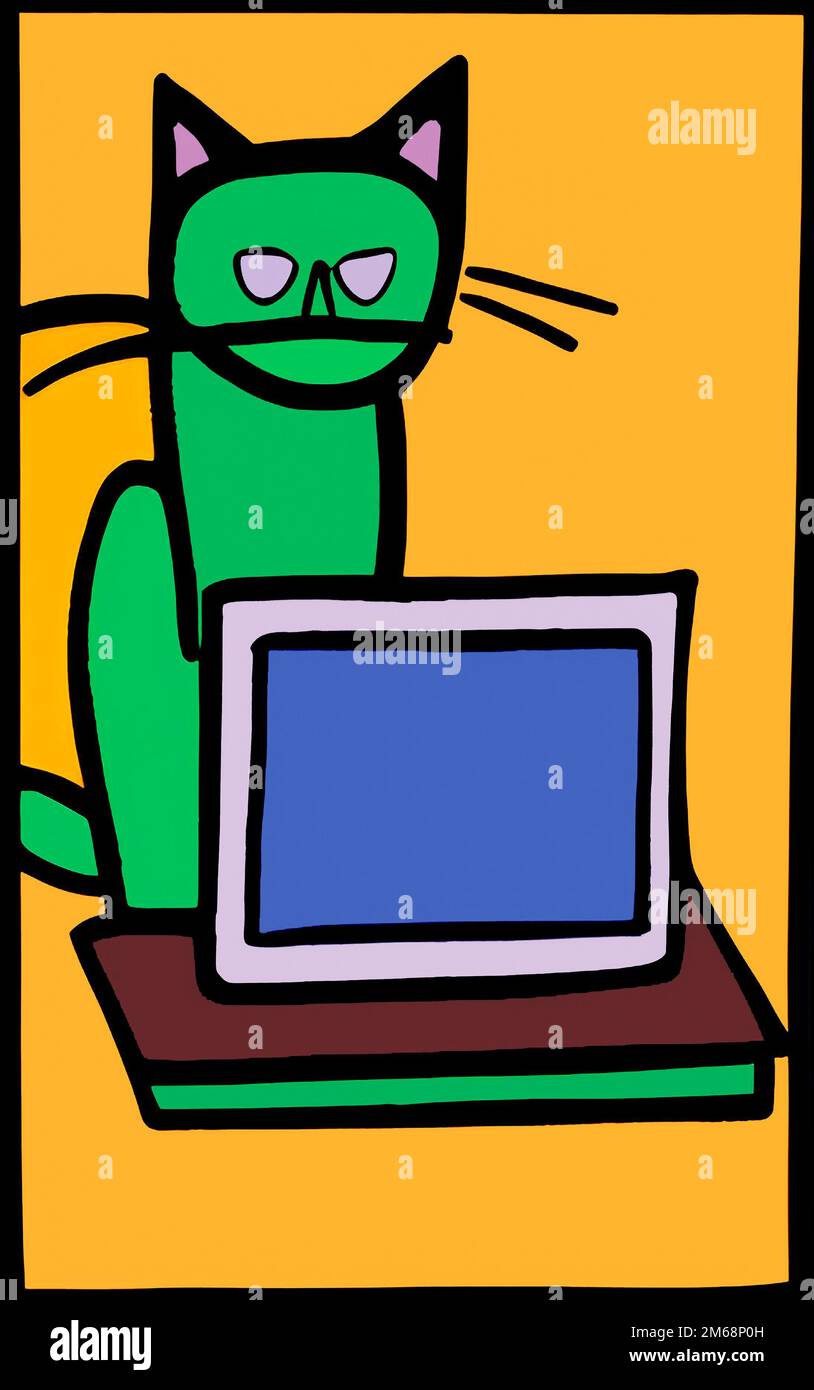 Illustration of cat with computer Stock Photo - Alamy