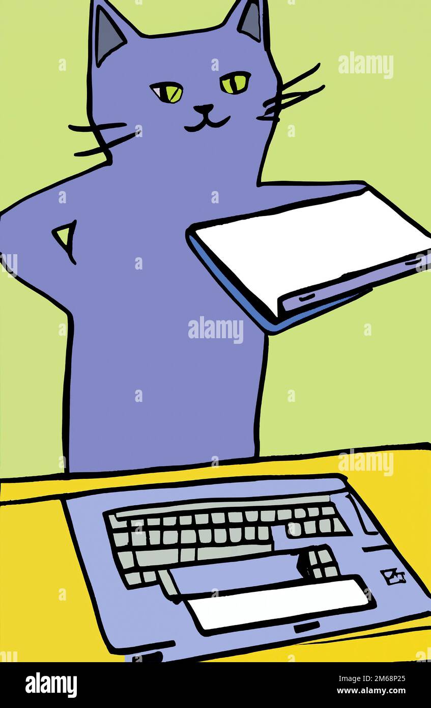 Illustration of cat with computer Stock Photo - Alamy