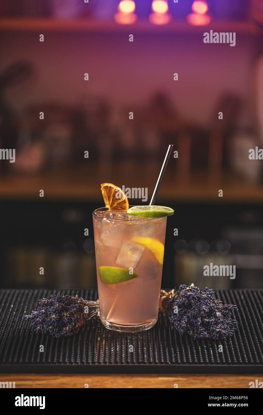 Fresh delicious lemonade with lavender syrup and lime Stock Photo - Alamy