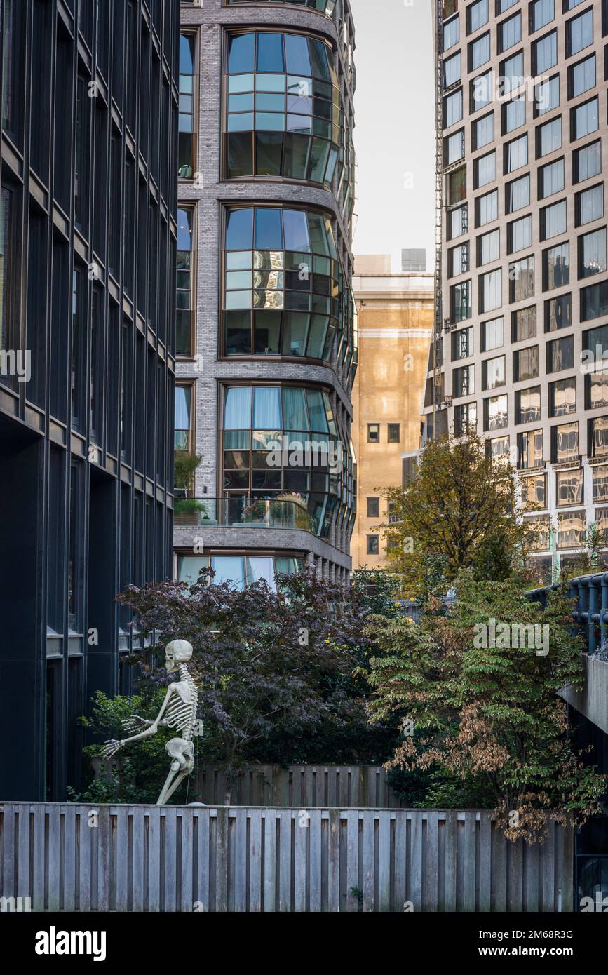 View of Chelsea architecture and a skeleton from the High Line, a ...