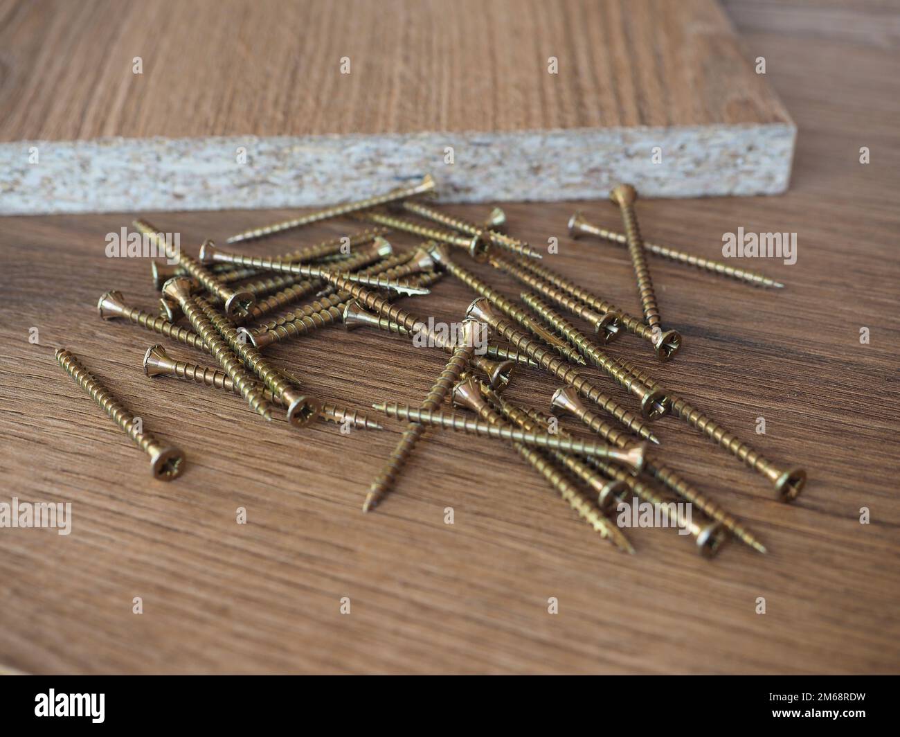 wood screws on melamine manufactured wood panel Stock Photo - Alamy