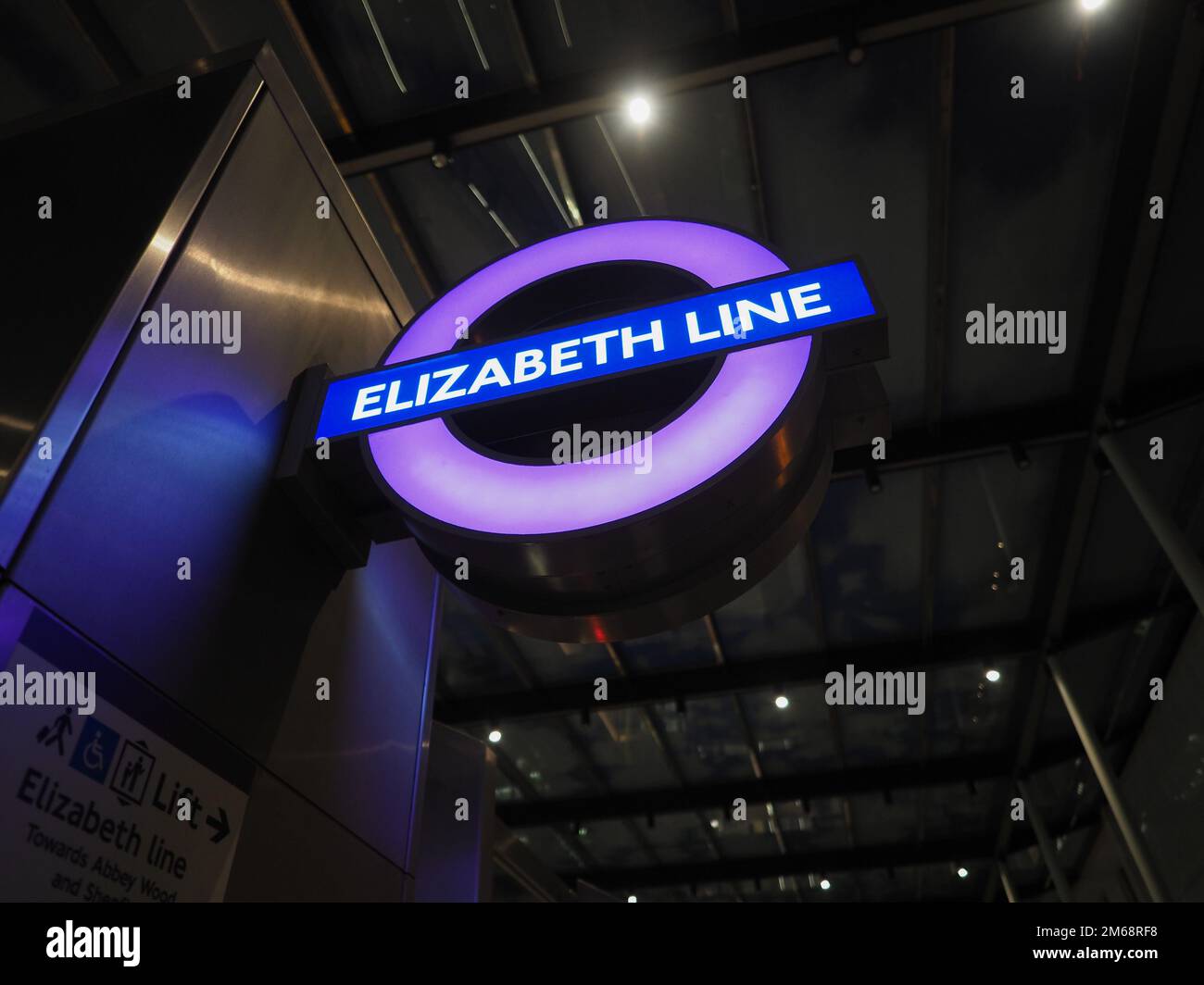 LONDON, UK - CIRCA OCTOBER 2022: Elizabeth Line tube station roundel at ...