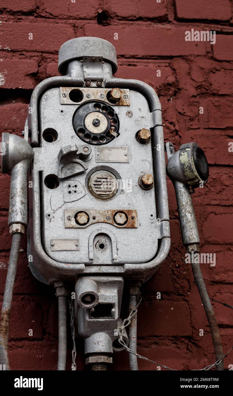 Old street phone. Front view of vintage public phones. Telephone booth ...