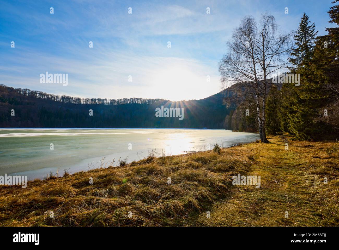 Beautiful landscape with St. Ana Lake in Romania, volcanic lake in ...