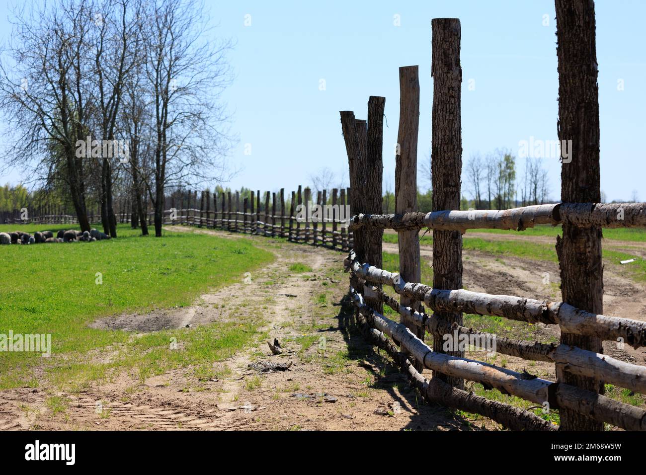 Wooden fence and railing in a rustic style on a summer day Stock Photo ...