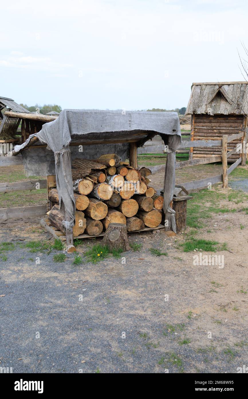 Retro wooden items, rural style houses and utensils Stock Photo - Alamy