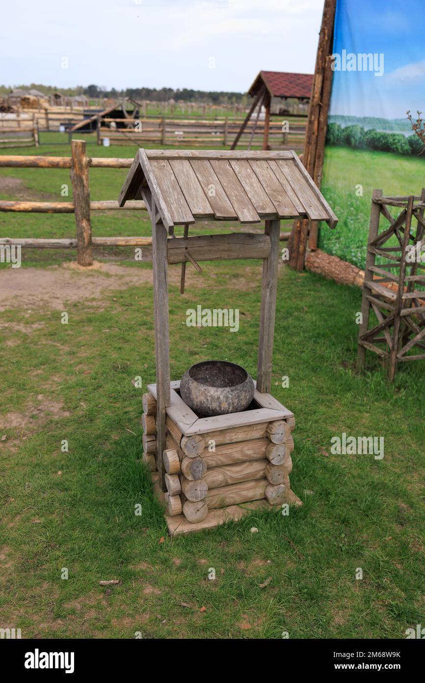 Retro wooden items, rural style houses and utensils Stock Photo - Alamy