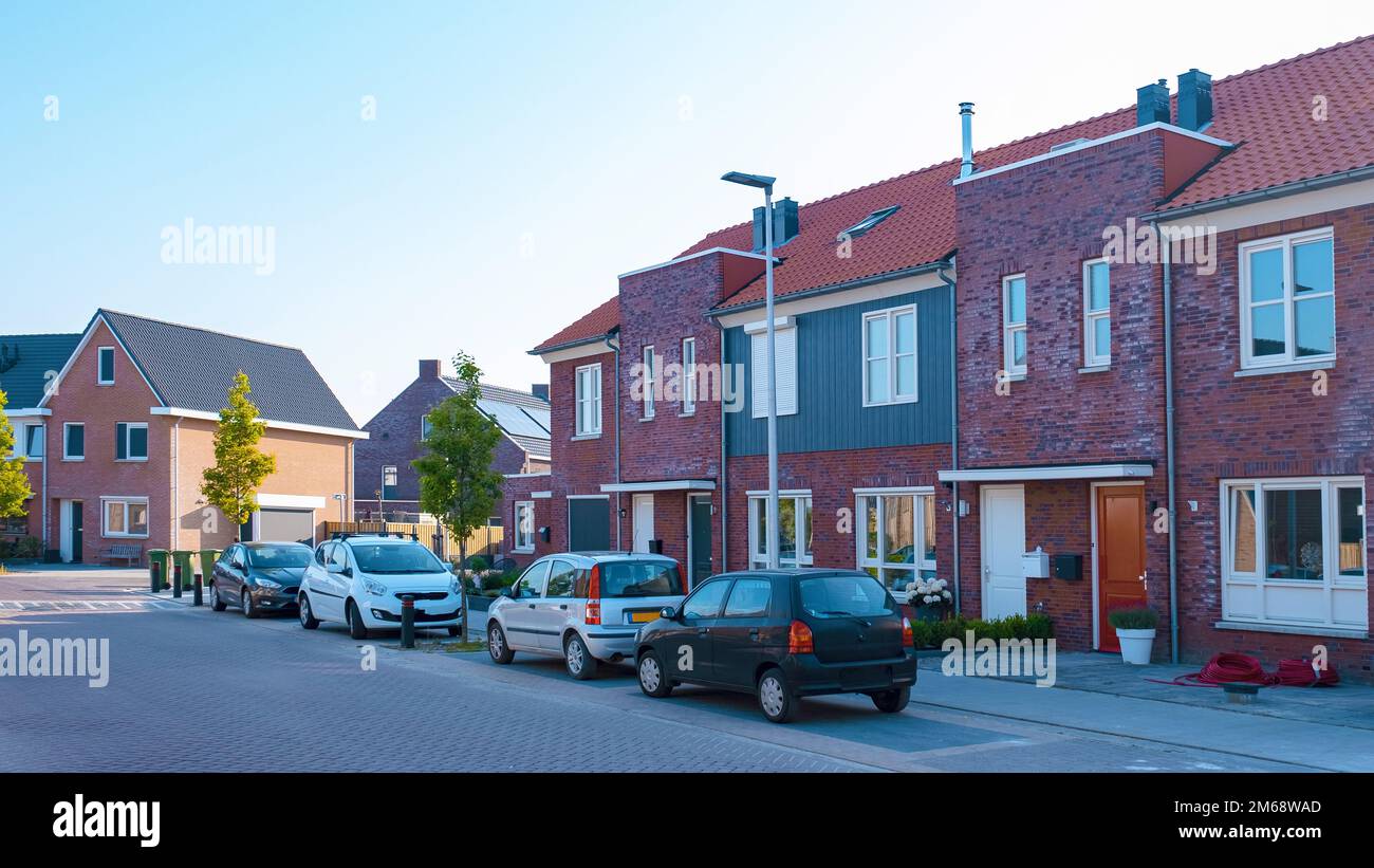 Dutch Suburban area with modern family houses, newly build modern ...