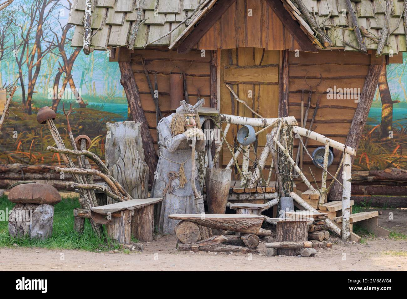 Retro wooden items, rural style houses and utensils Stock Photo - Alamy