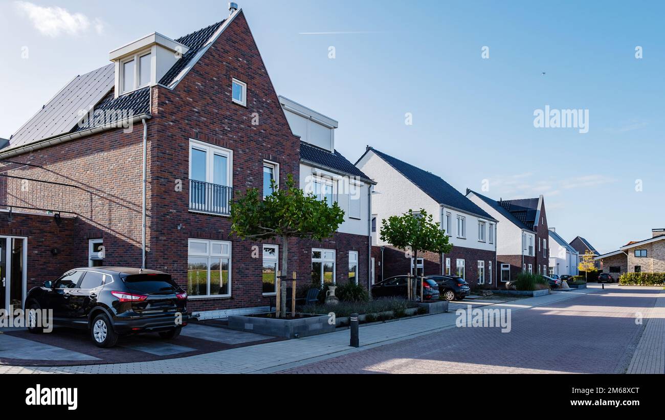 Dutch Suburban area with modern family houses, newly build modern ...