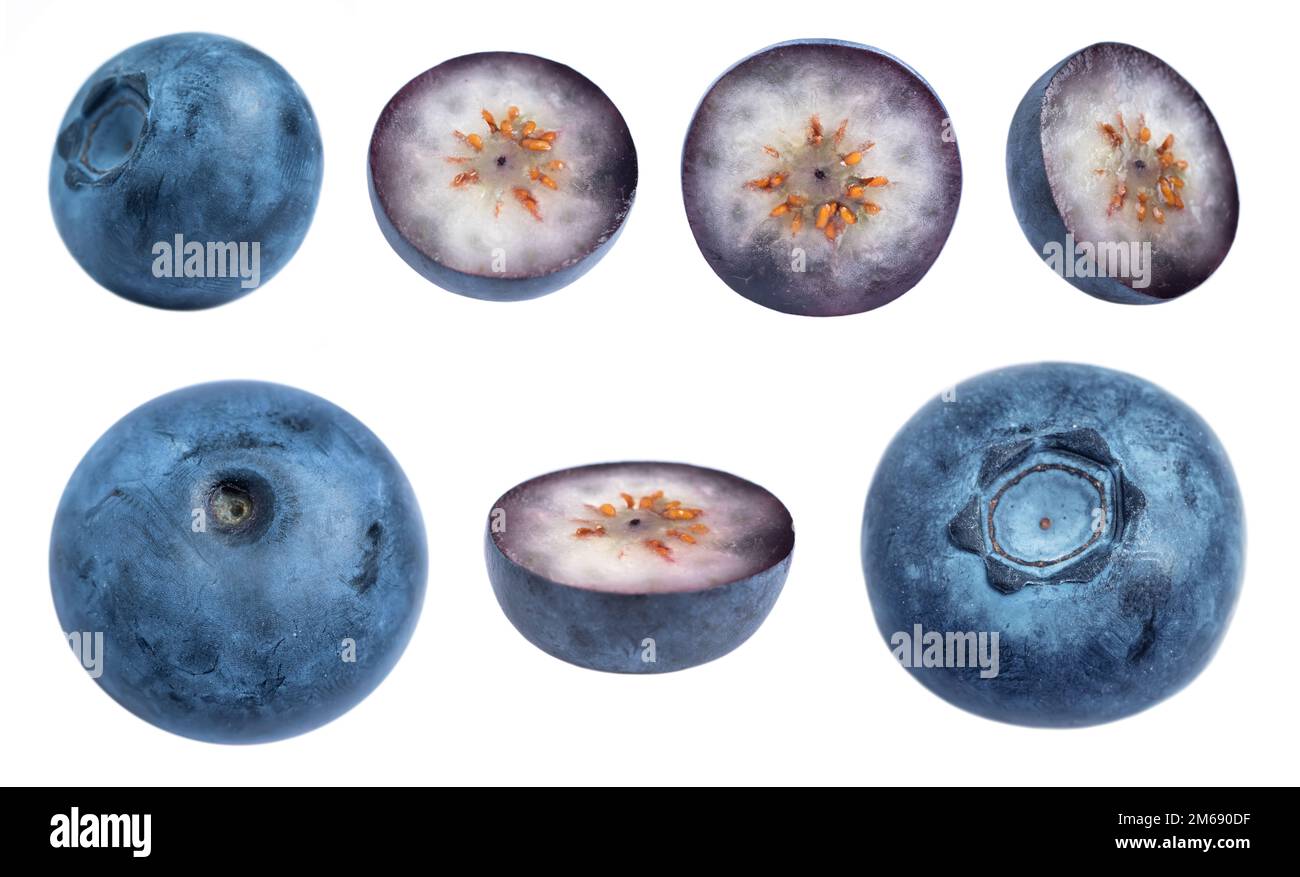 Set of Blueberries fruit and blueberry cut in half slice isolated on ...