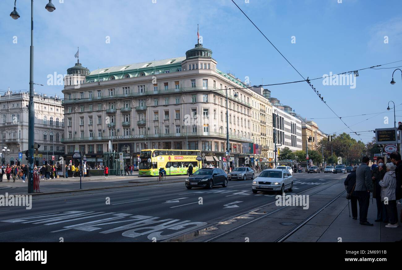 View of the tourist and trams at the main city center innere stadt ...
