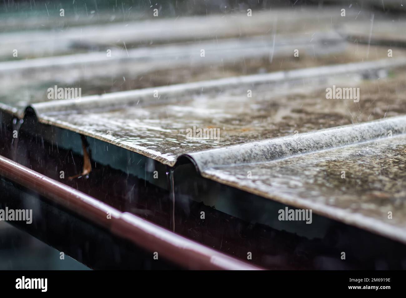 Rain water is pouring from the green draining gutter on the pavement ...