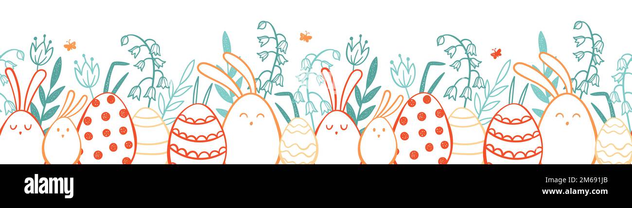Cute hand drawn Easter horizontal seamless pattern with bunnies ...