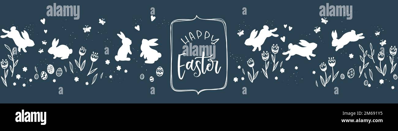 Cute hand drawn Easter horizontal seamless pattern with bunnies, flowers, easter eggs, beautiful ...