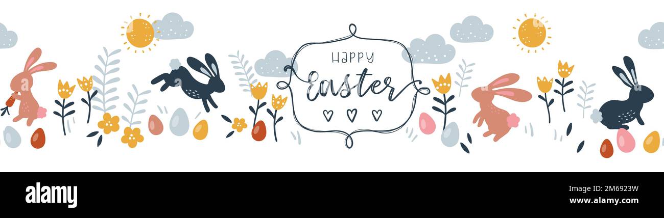 Cute hand drawn Easter horizontal seamless pattern with bunnies ...
