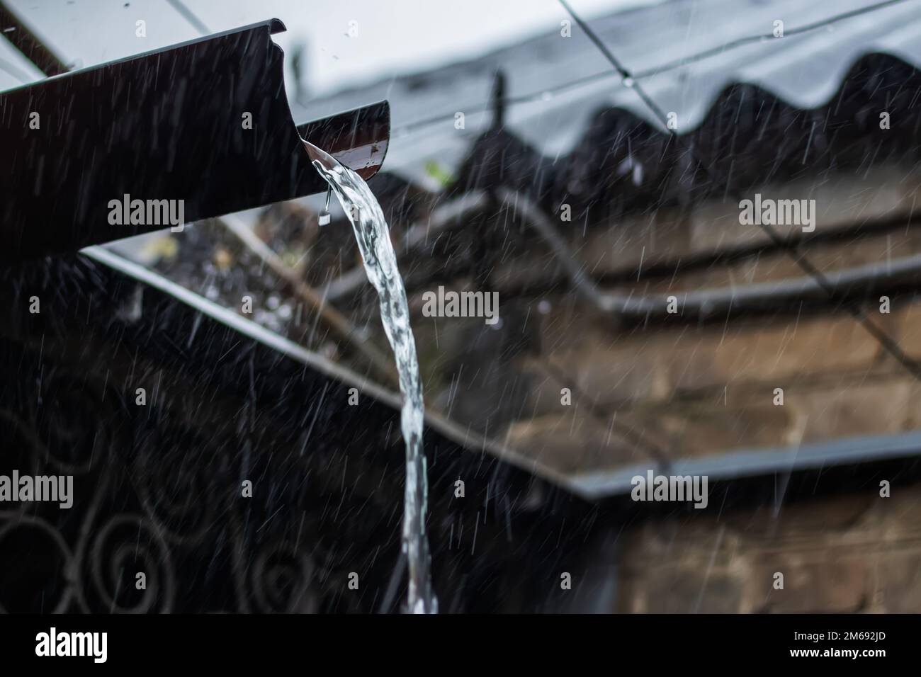 Rain water is pouring from the green draining gutter on the pavement ...