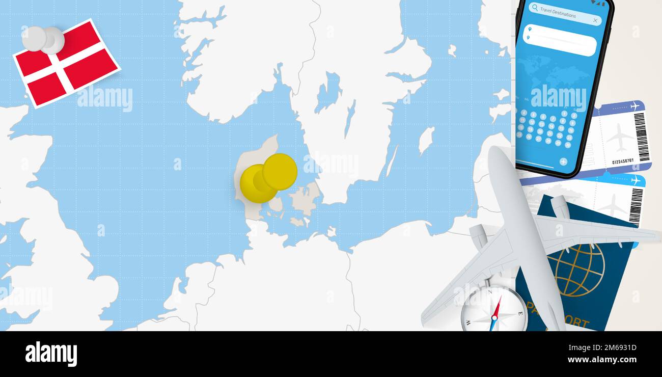Travel to Denmark concept, map with pin on map of Denmark. Vacation preparation map, flag ...