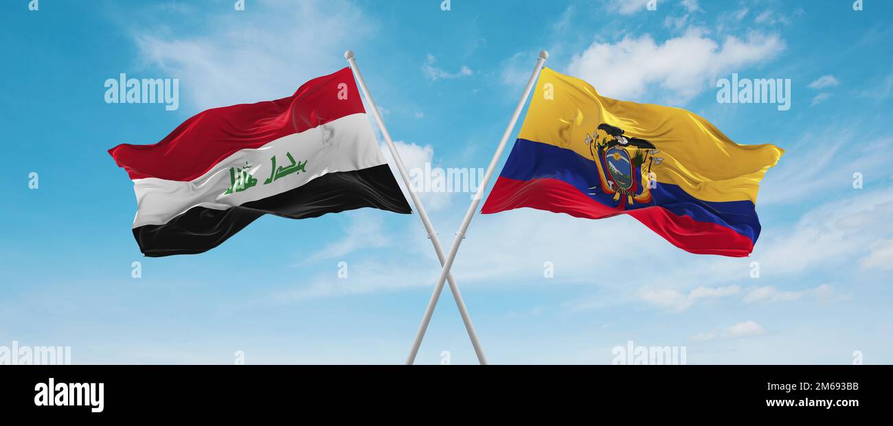 two crossed flags Ecuador and Iraq waving in wind at cloudy sky ...
