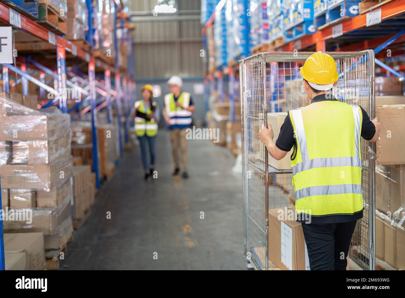 2 Staff in large depot storage warehouse manager and trainee walking ...