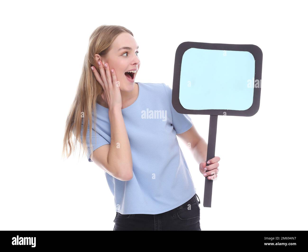 Very happy excited, businesswoman showing blank banner signboard ...