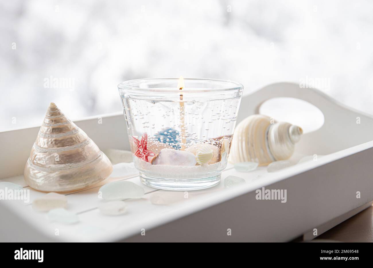Handmade underwater seashell clear gel wax candle inside clear cup ...